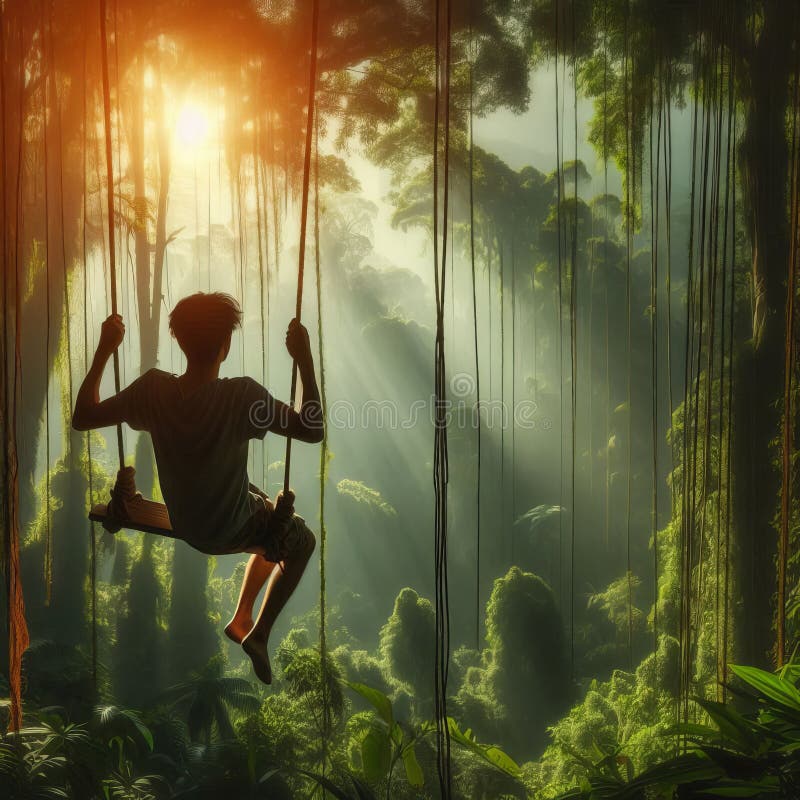 Vine Swing a Person Swinging from a Vine in a Dense Jungle Stock ...
