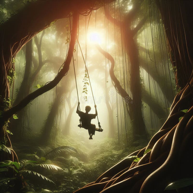 Vine Swing a Person Swinging from a Vine in a Dense Jungle Stock ...