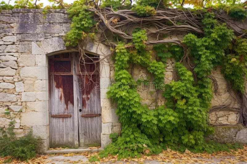 Vines Framing a Rustic Wooden Door in a Stone Wall Stock Illustration ...
