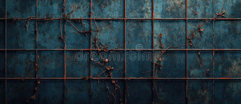 Vines Weave through Rusty Blue Grid Wall Stock Illustration ...
