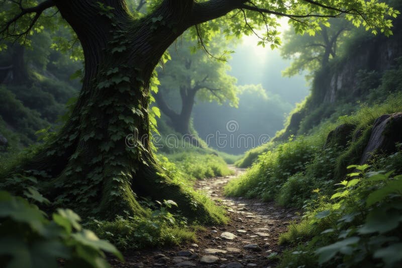 Vines Wrap Around Ancient Tree Trunks on Rugged Mountain Paths ...