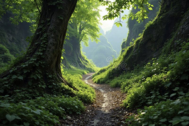 Vines Wrap Around Ancient Tree Trunks on Rugged Mountain Paths ...