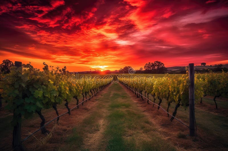 Vineyard with Dramatic Sunset Backdrop, Showcasing the Beauty of Nature ...