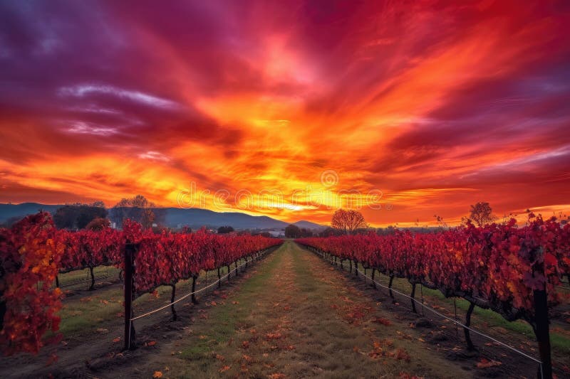 Vineyard with Dramatic Sunset Backdrop, Showcasing the Beauty of Nature ...