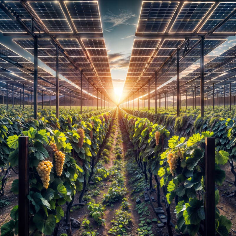 Vineyard at Dusk: Solar Panels and Setting Sun Create a Picturesque ...