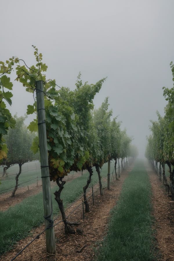 Vineyard in Fog with Grape Vines in Soft Light. Stock Image - Image of ...