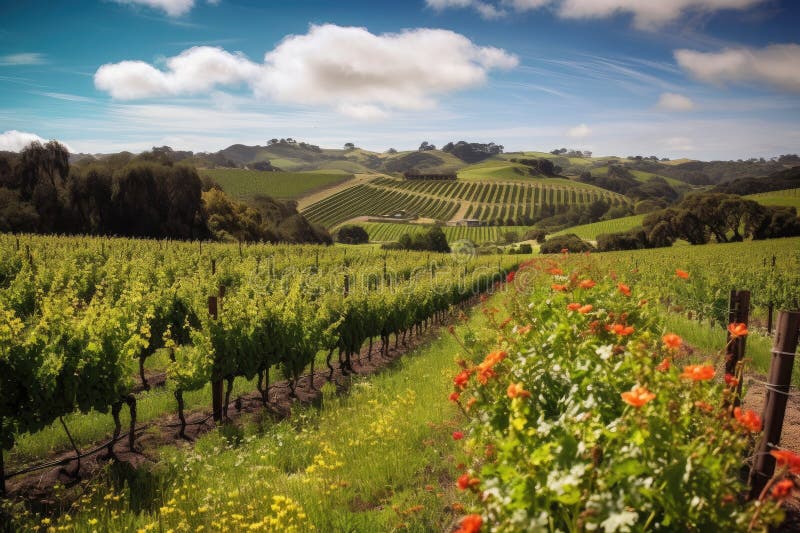 Vineyard in Full Bloom, with Rows of Lush Vines and Rolling Hills Stock ...