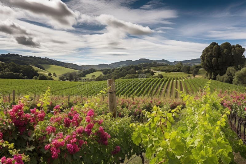 Vineyard in Full Bloom, with Rows of Lush Vines and Rolling Hills Stock ...