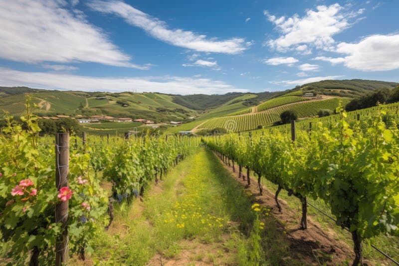 Vineyard in Full Bloom, with Rows of Lush Vines and Rolling Hills Stock ...