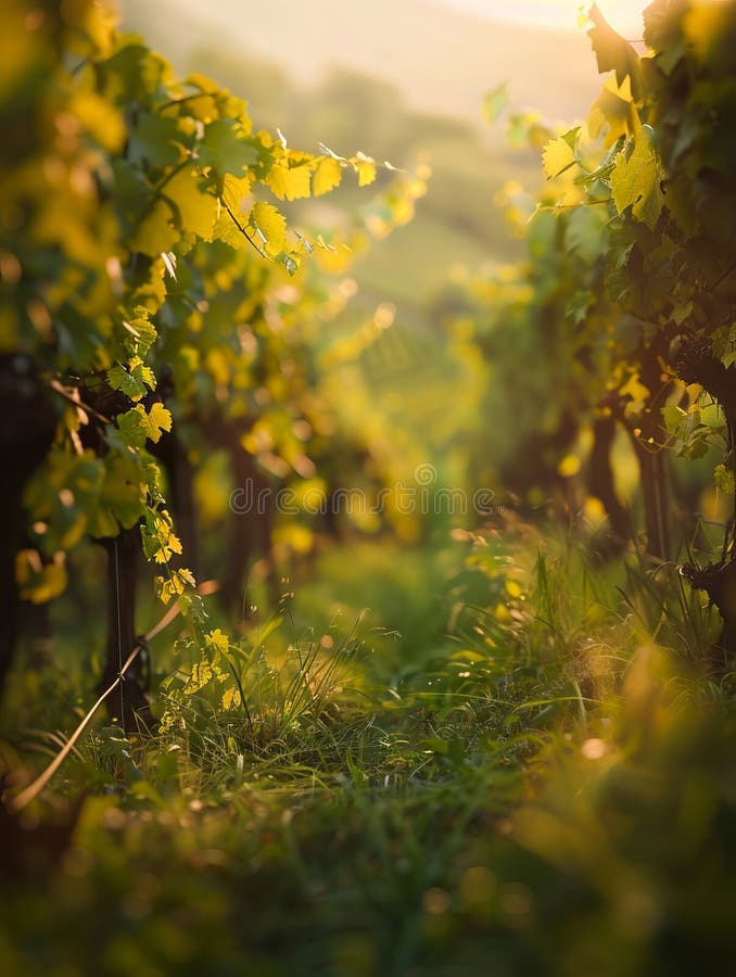 A Vineyard with Green Grass and Sun Shining through Stock Image - Image ...