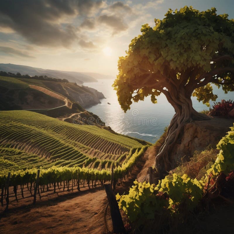 Vineyard on Hillside Overlooking Sea with Gnarled Ancient Tree Stock ...
