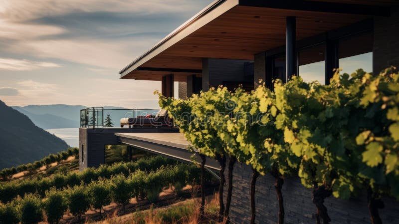 Modern Vineyard House with Stunning Ocean Views Stock Illustration ...