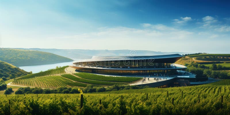 Vineyard Landscape with a Modern Winery Building on a Hill Under ...