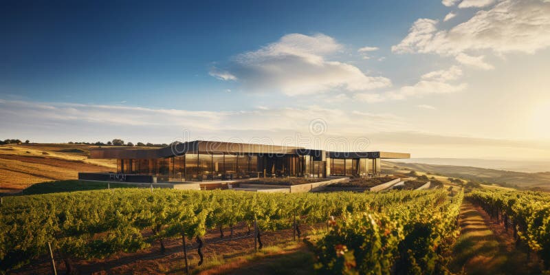 Vineyard Landscape with a Modern Winery Building on a Hill Under ...