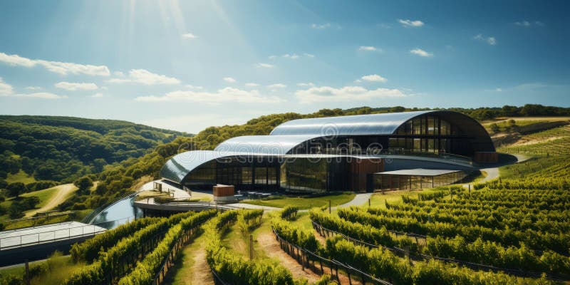 Vineyard Landscape with a Modern Winery Building on a Hill Under ...
