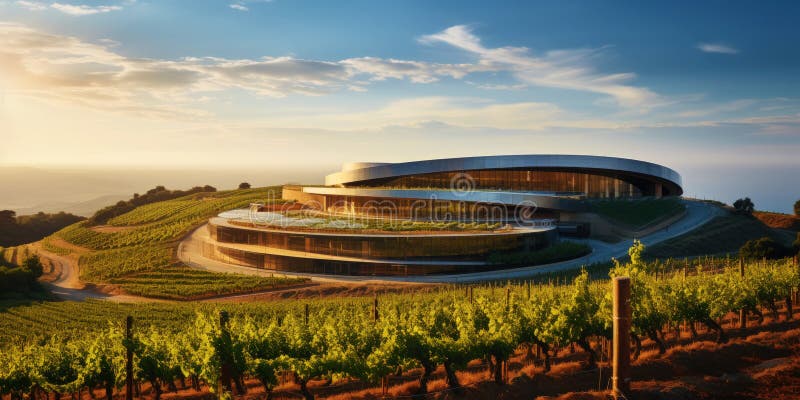 Vineyard Landscape with a Modern Winery Building on a Hill Under ...