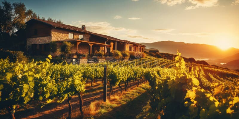 Vineyard Landscape with an Old Winery Building on a Hill in a Sunset ...
