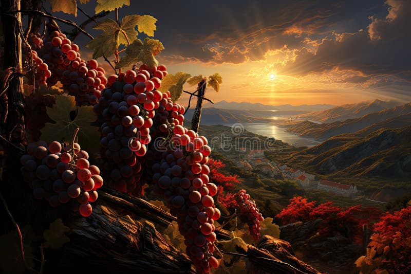 A Vineyard Landscape with Ripe Grape Clusters in the Warm Sunset Light ...