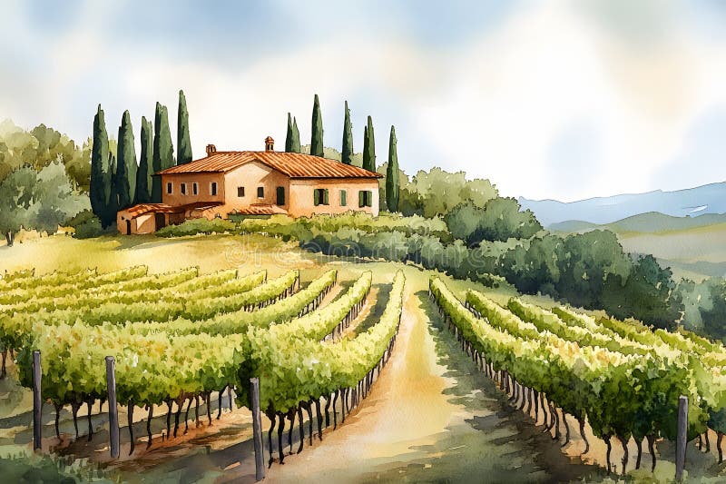 Vineyard Landscape with Rustic Farmhouse Under a Blue Sky during Bright ...