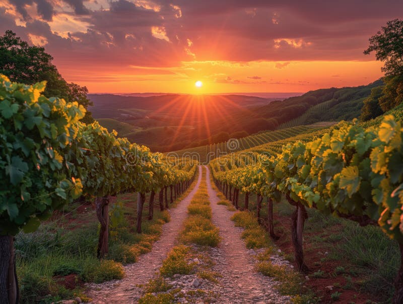Vineyard Landscape at Sunset Stock Illustration - Illustration of ...
