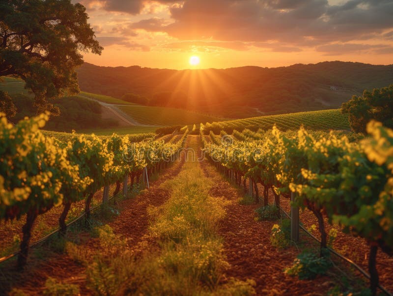 Vineyard Landscape at Sunset Stock Illustration - Illustration of ...