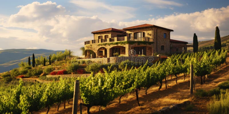 Vineyard Landscape with a Winery Building on a Hill Under Stunning Sky ...