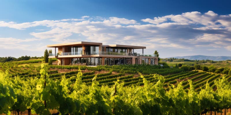 Vineyard Landscape with a Winery Building on a Hill Under Stunning Sky ...