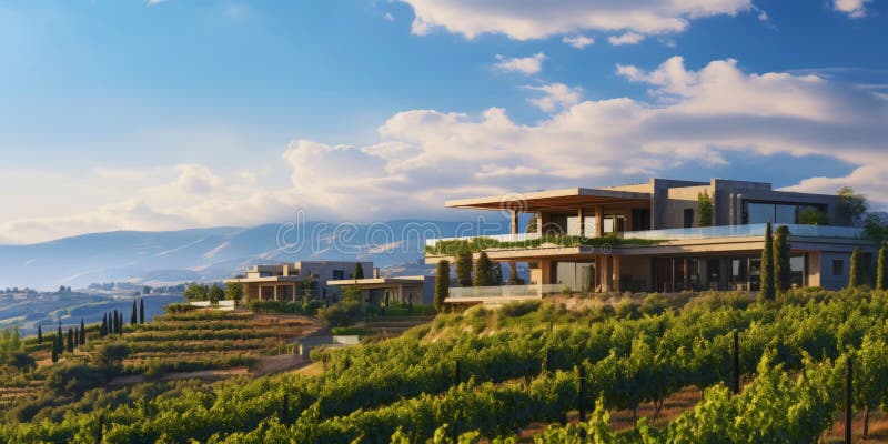 Vineyard Landscape with a Winery Building on a Hill Under Stunning Sky ...