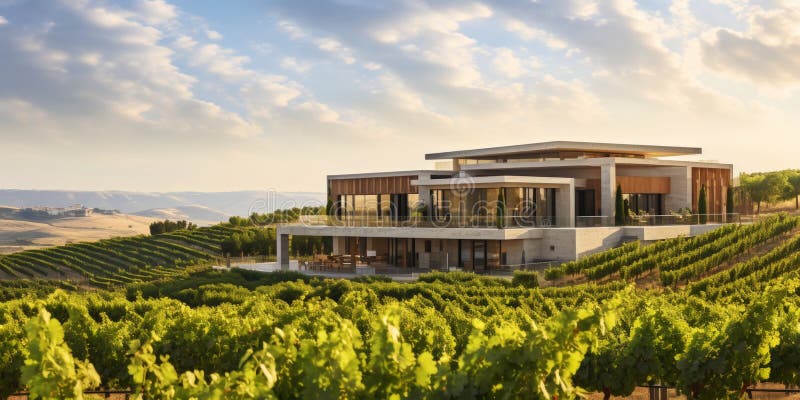 Vineyard Landscape with a Winery Building on a Hill Under Stunning Sky ...
