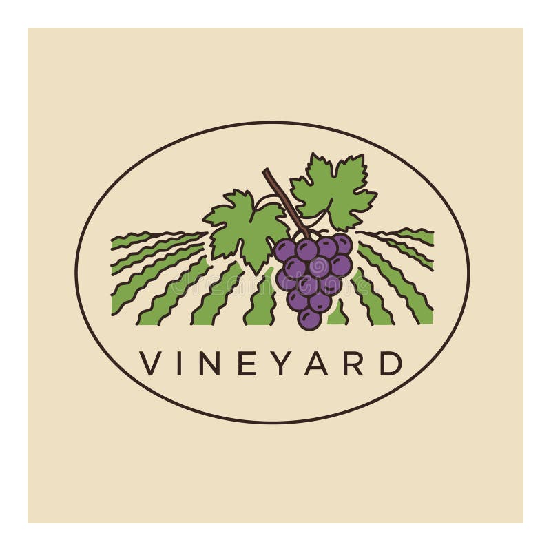 Vineyard Logo Design with Grape Cluster and Green Leaves in Oval Frame ...
