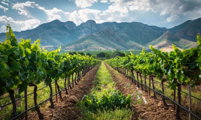 Vineyard with Lush Green Grapevines and a Mountain Backdrop Stock Image ...
