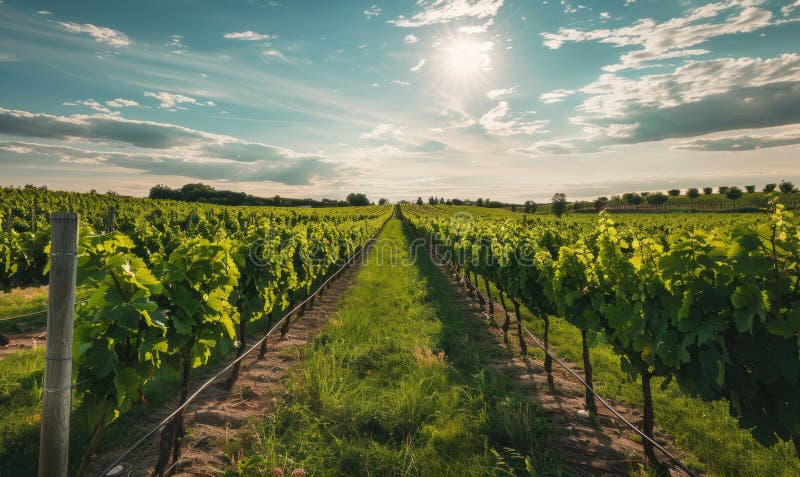 Vineyard with Lush Green Grapevines and a Mountain Backdrop Stock Photo ...
