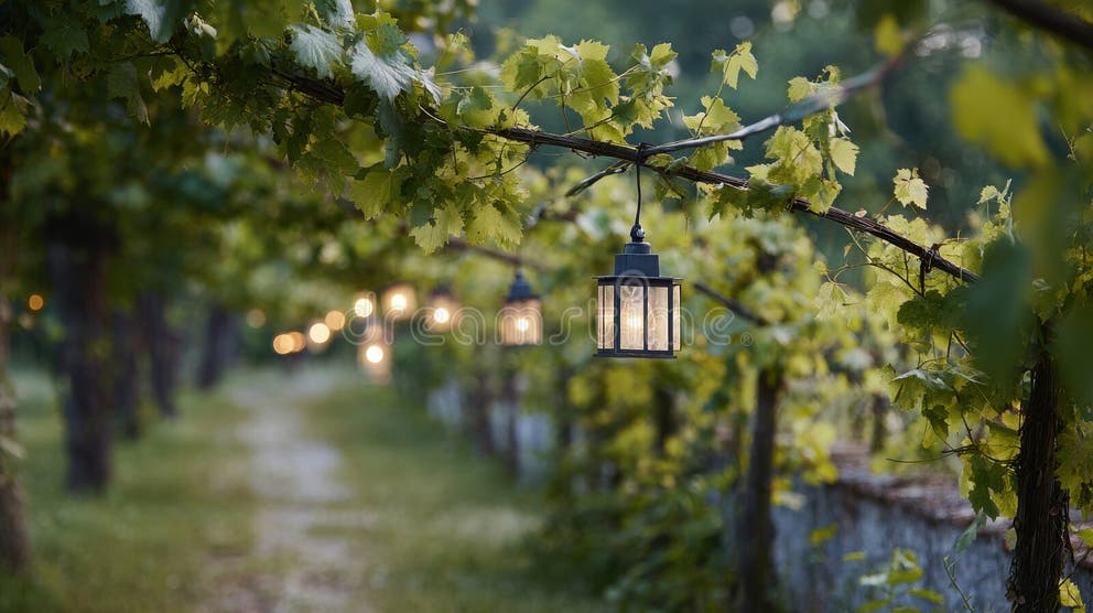 Vineyard Pathway with Hanging Lanterns at Dusk. Romantic Ambiance in a ...