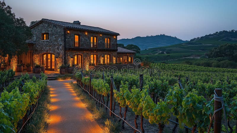 Vineyard Pathway Leads To Rustic Stone House at Dusk. Illuminated ...