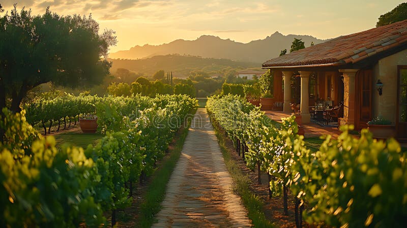 Vineyard Pathway Sunset Villa Idyllic Mediterranean Stock Illustration ...