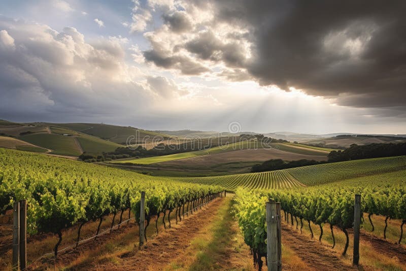Vineyard with Dramatic Sunset Backdrop, Showcasing the Beauty of Nature ...