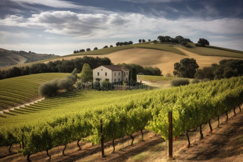 Vineyard with Rolling Hills and Farmhouse in the Distance Stock ...