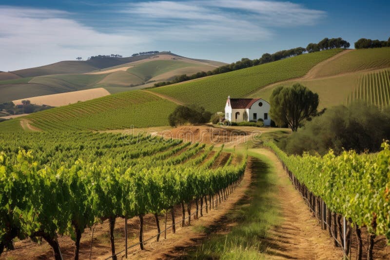 Vineyard with Rolling Hills and Farmhouse in the Distance Stock Photo ...