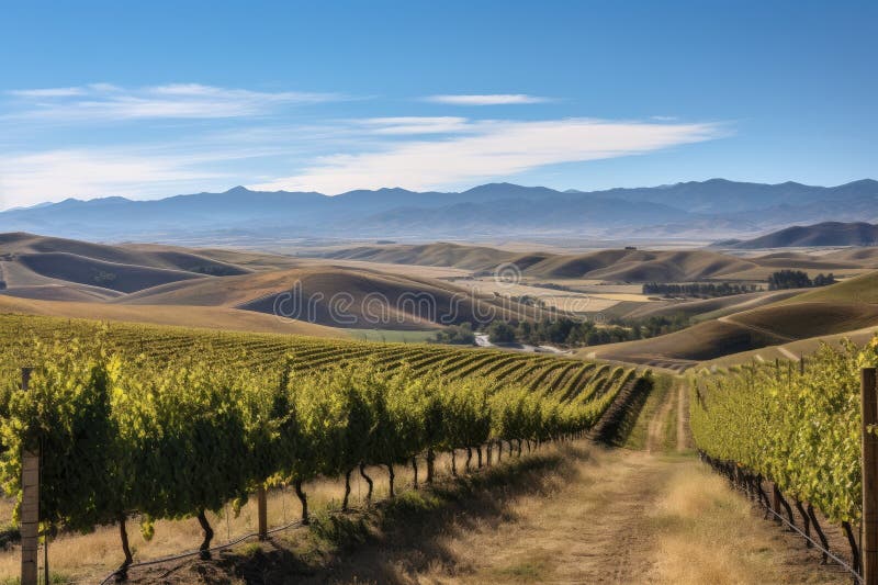Vineyard with Rolling Hills and Mountains in the Distance Stock ...