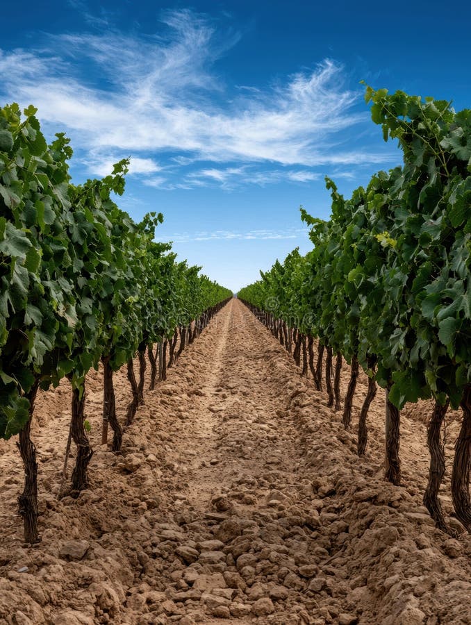Vineyard Row Under a Blue Sky with Clouds. Stock Illustration ...