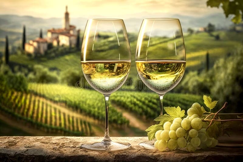 Vineyard with Rows of Grape Vines with a Glass of White Wine ...