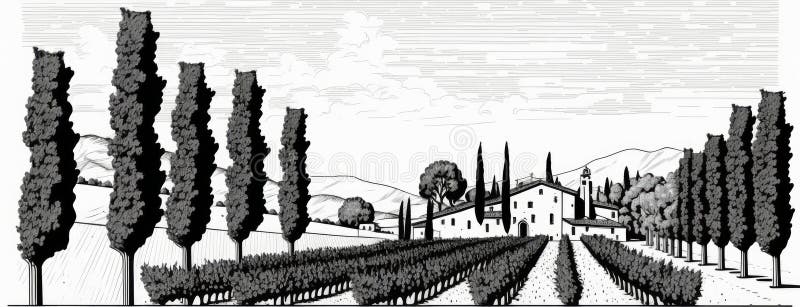 Vineyard with Rows of Grape Vines and House. Simple Line Drawing ...