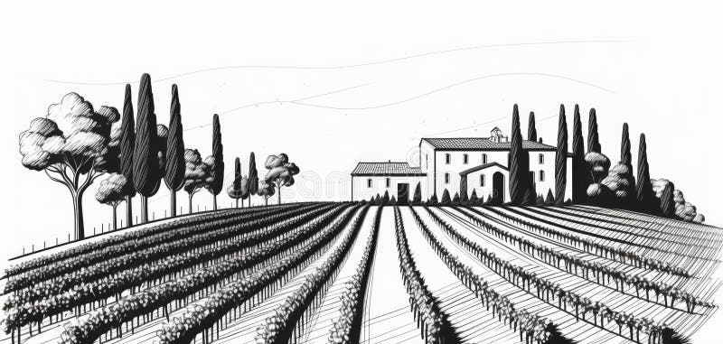 Vineyard with Rows of Grape Vines and House. Simple Line Drawing ...