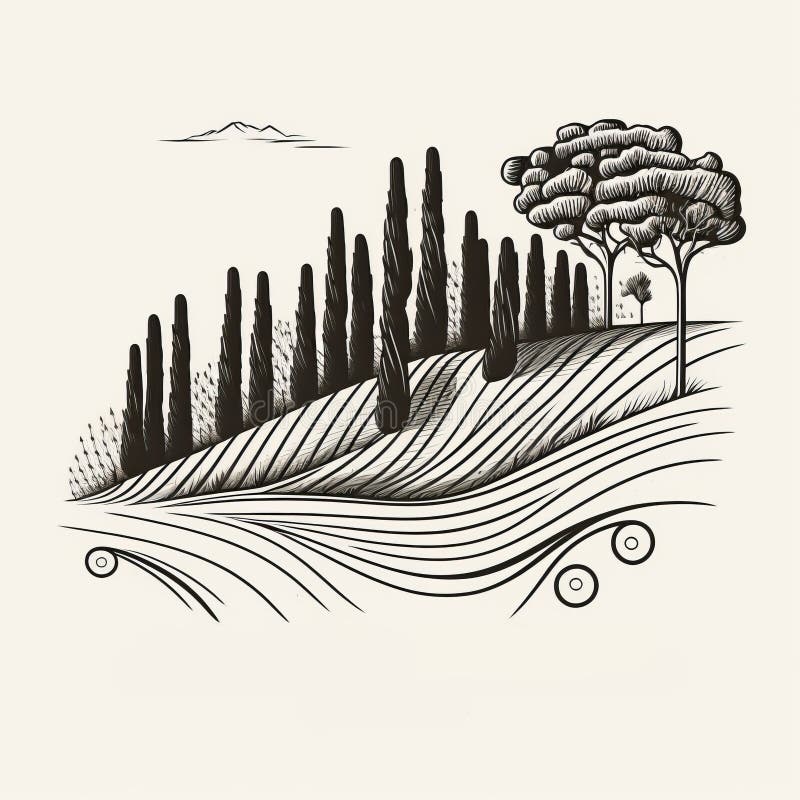 Vineyard with Rows of Grape Vines. Simple Line Drawing Illustration ...