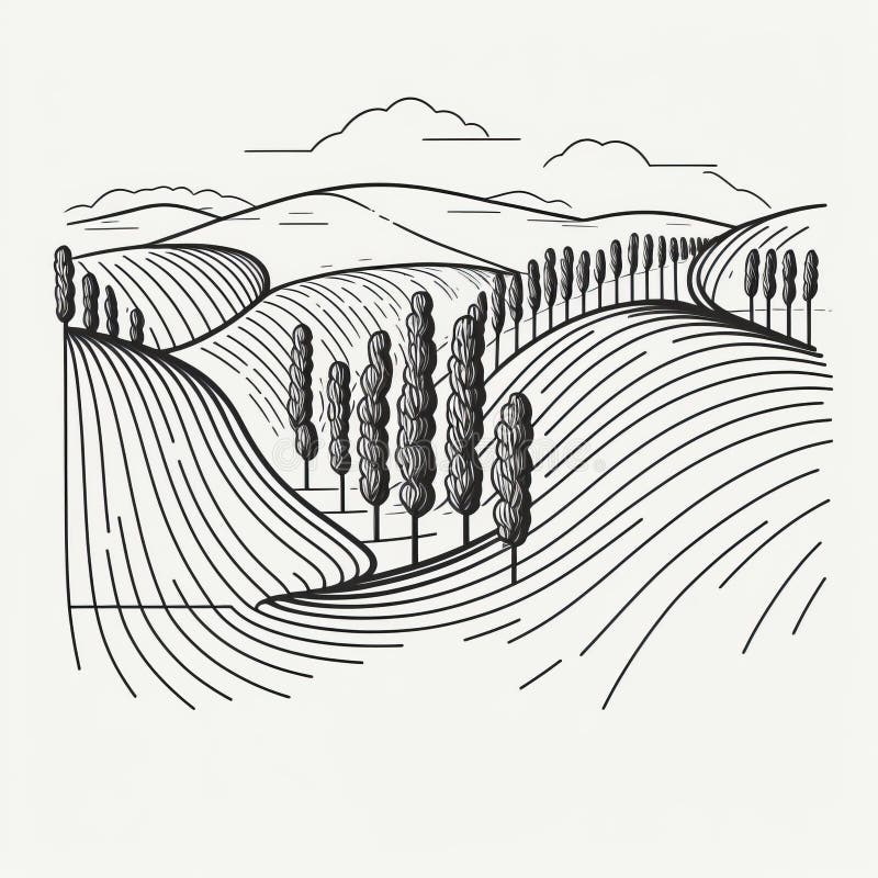 Vineyard with Rows of Grape Vines. Simple Line Drawing Illustration ...