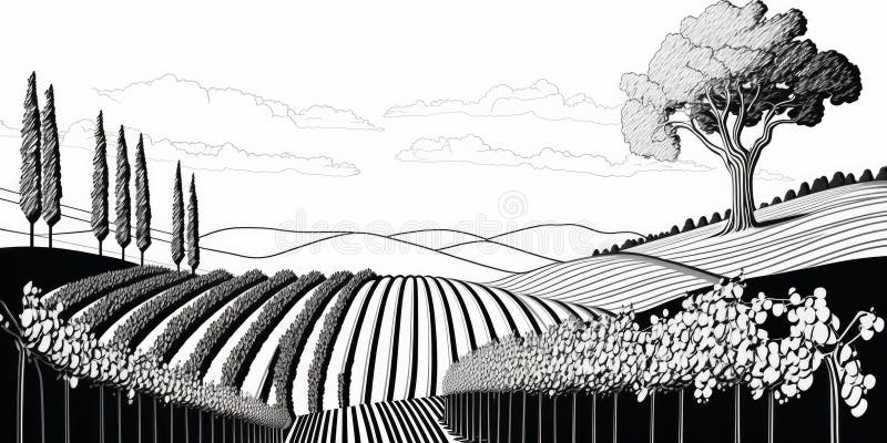 Vineyard with Rows of Grape Vines. Simple Line Drawing Illustration ...