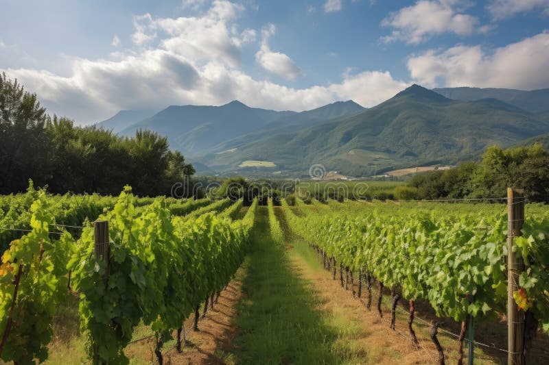 Vineyard with Rows of Grapevines, Bordered by Lush Foliage and ...