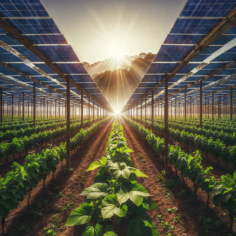 Rows of Vines Flourish Under Solar Panels, Capturing Sunlight through ...