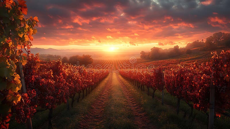 Vineyard Rows at Sunset with Red Grapevines and Hilly Landscape Under a ...