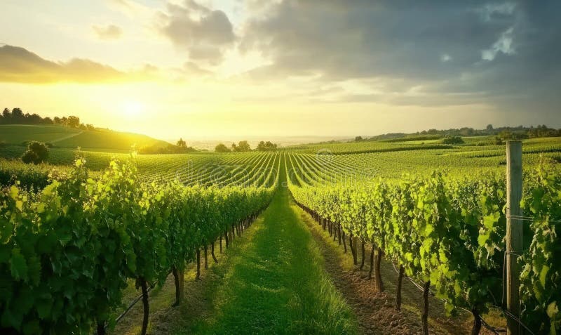 Vineyard Rows at Sunset in Wine Country Stock Illustration ...